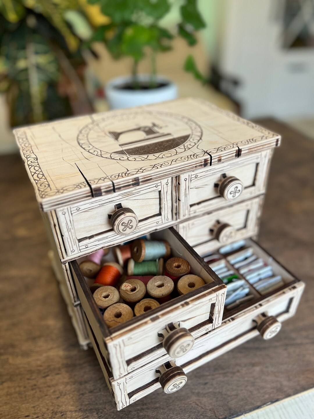 Unfinished Wooden Floss Bobbins Organizer, Sewing Thread Chest of ...