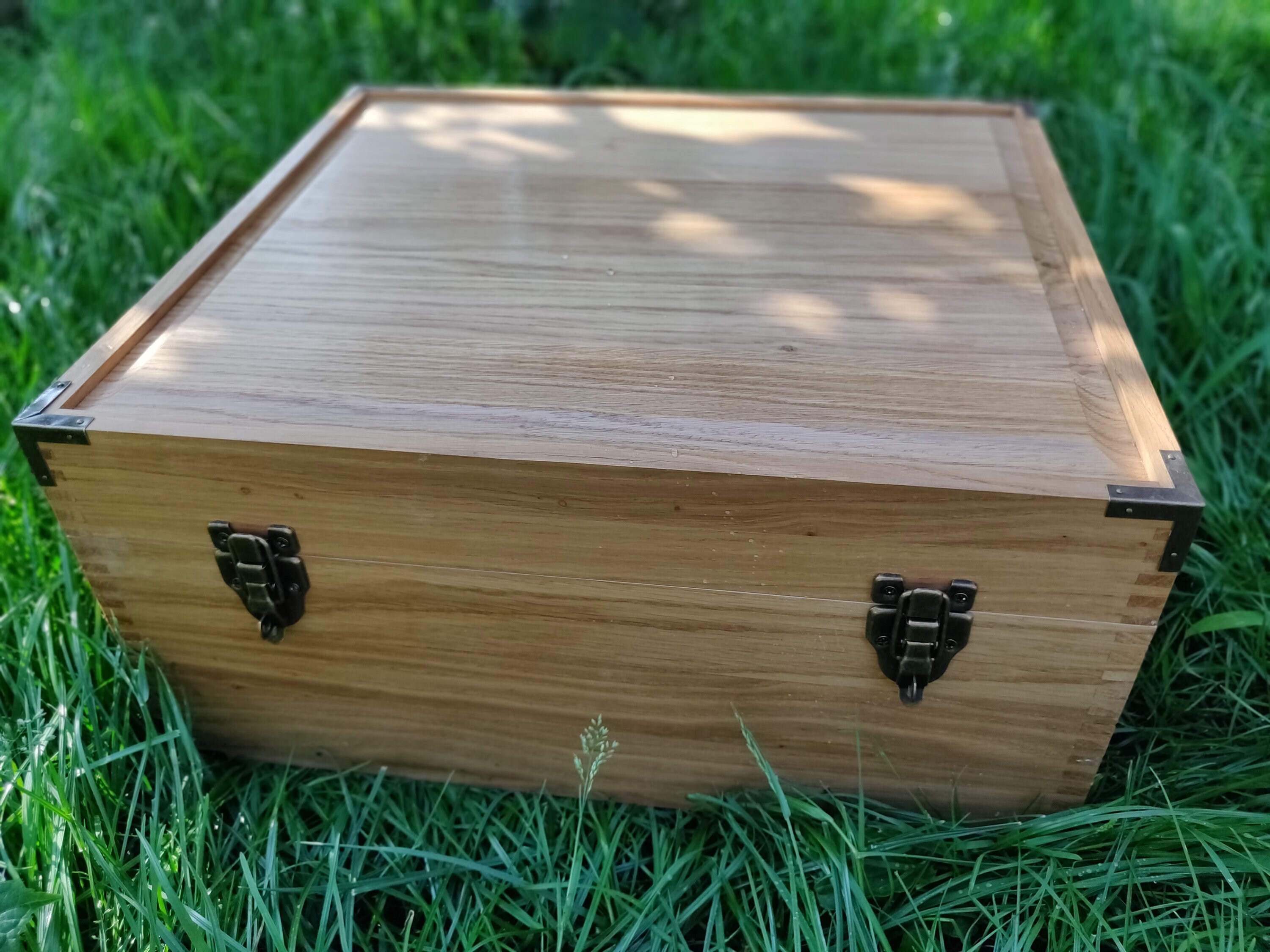 Oak solid wood large wooden box with hinged lid and jute | Etsy