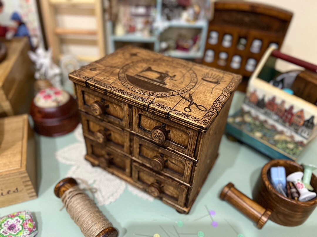 Sewing Thread Chest of Drawers, Wooden Floss Bobbins Organizer, Cross ...