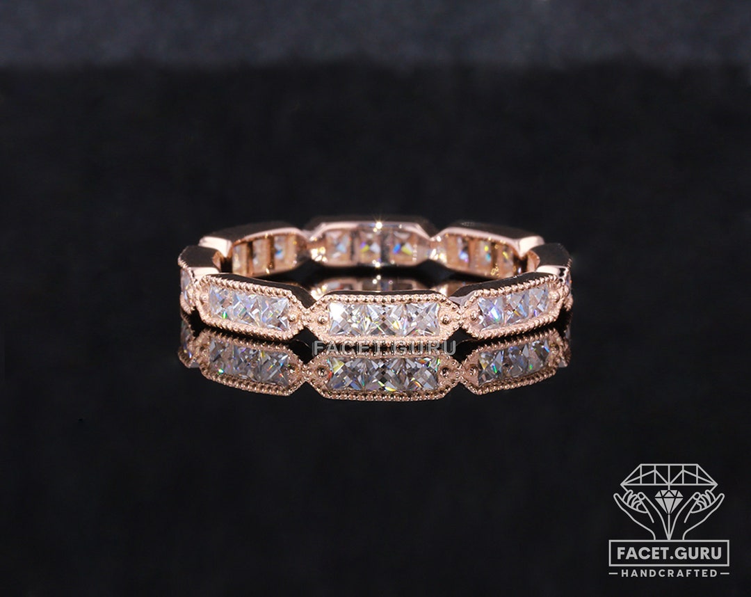 Art Deco Flush Set Milgrain Designer Wedding Band, Princess Cut ...