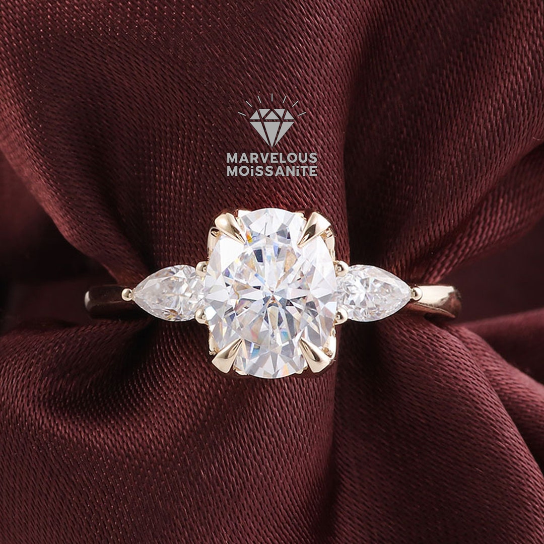 Triple Stone Tulip Basket Set Wedding Ring, Sparky 2/ 3/ 4 Carat Oval ...