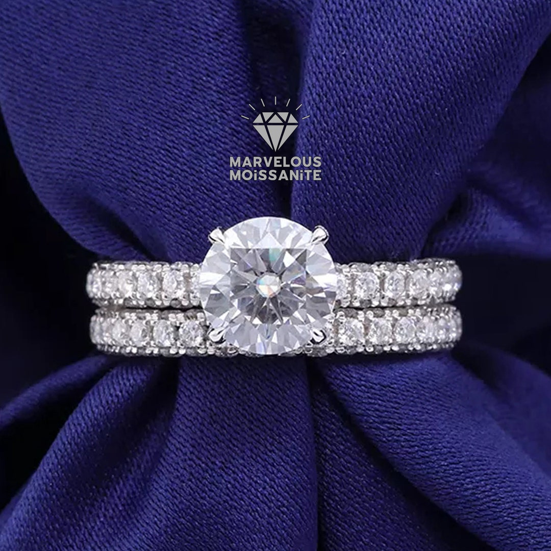Hidden Halo Designer Basket Set Ring, Sparky Round Cut Moissanite 3/4 ...