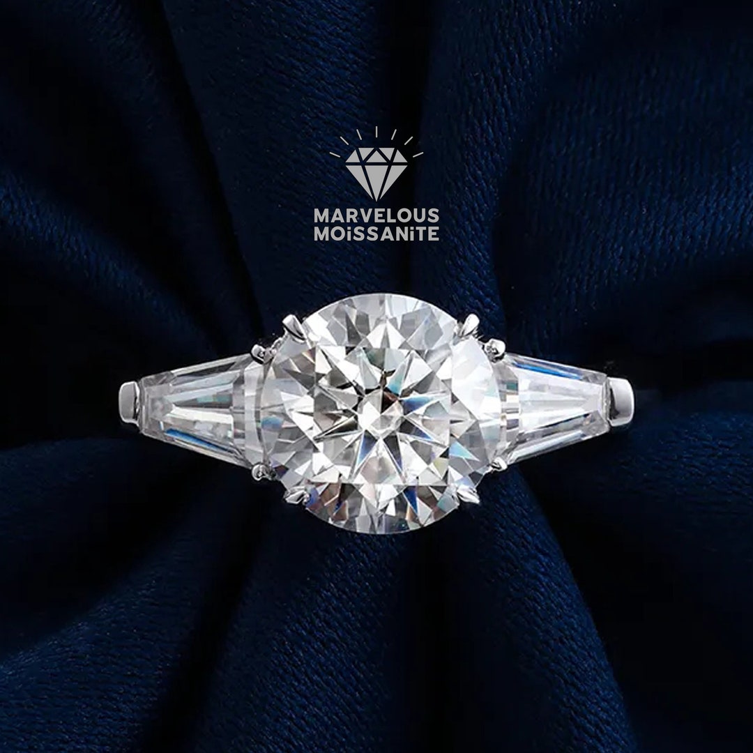 Three Stone Ring, Tapered Baguette With 1/ 1.50/ 2 Carat Round Cut ...