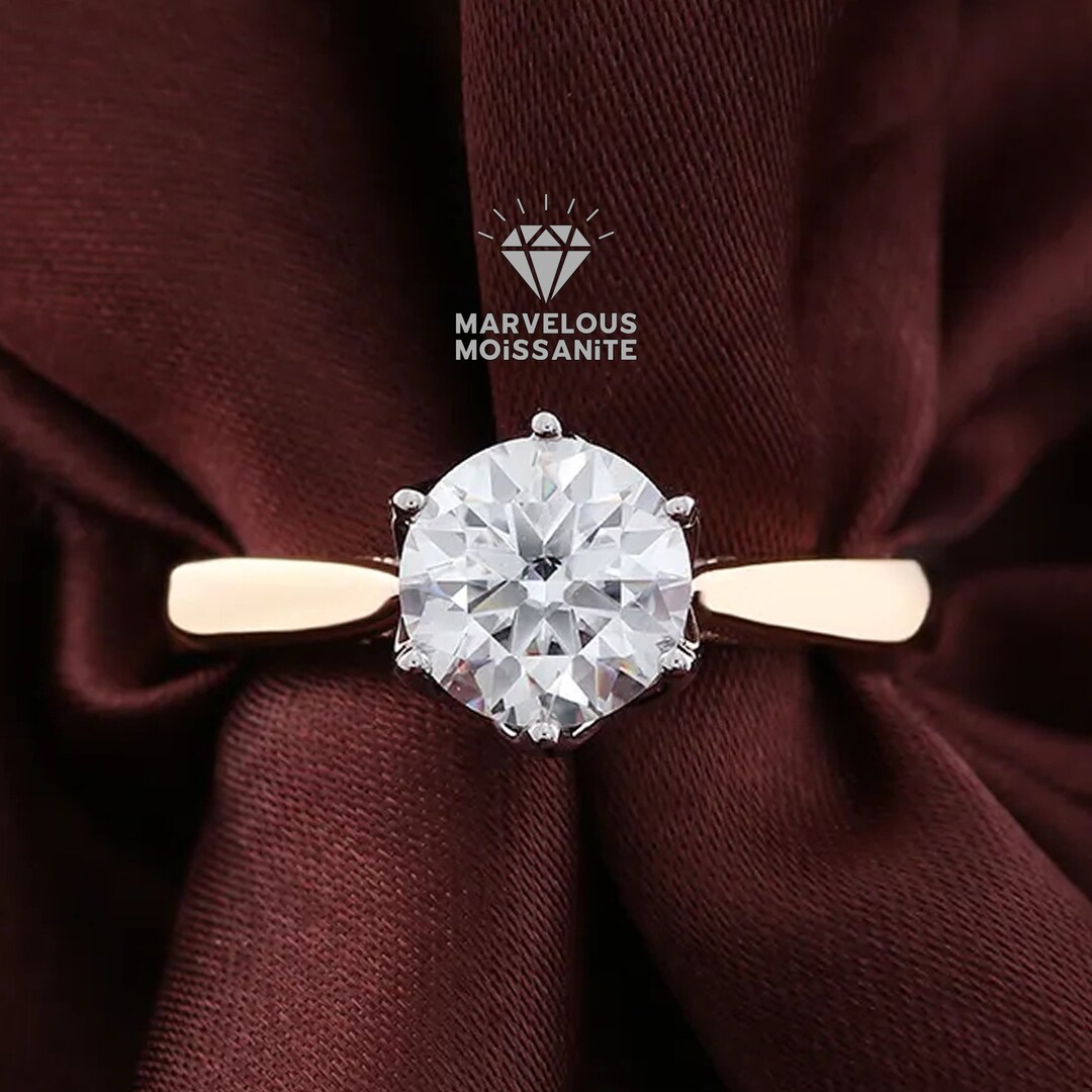 2 Tone Ring, 1/ 2/2.5 Carat Round Cut Moissanite Engagement Ring, Solitaire 6 Prong Tulip Basket ...