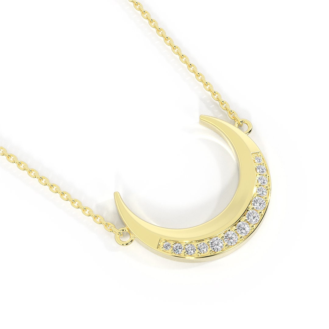 14k Diamond Crescent Moon Necklace, 14k Gold Diamond Moon Necklace,gift ...