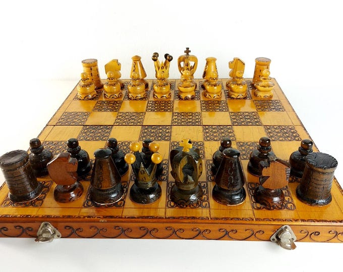 Vintage Wooden Ambassador Chess Set With Foldable Storage Board Made in ...