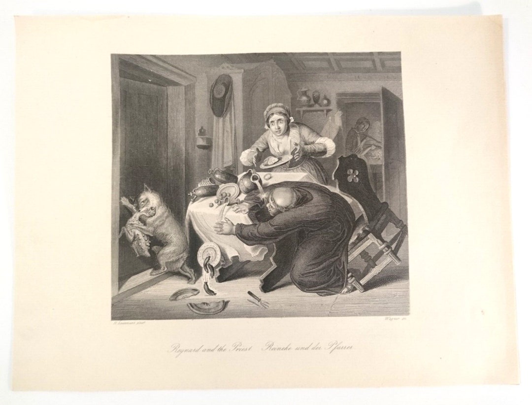 19th Century Victorian Etching Illustration of Reynard the Fox Literary ...
