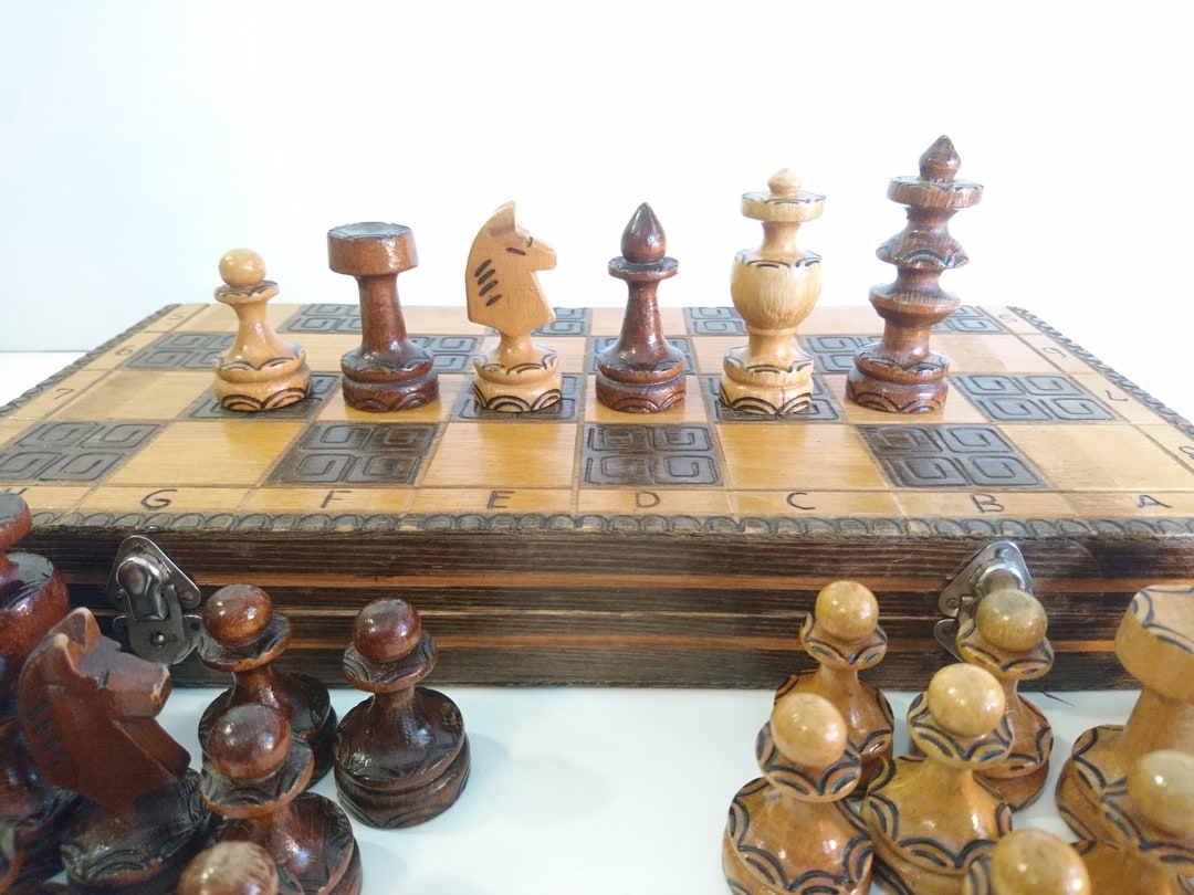 Vintage Wooden Polish Chess Set With Pyrography Patterns 1970s Poland ...
