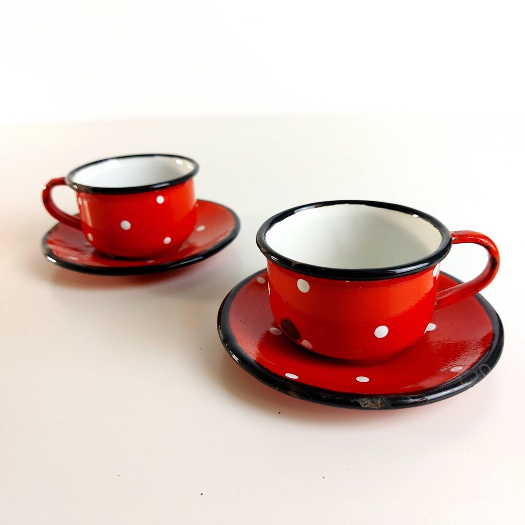 2 Retro Red Enamel Espresso Coffee Cups With Polka Dot Pattern MCM ...