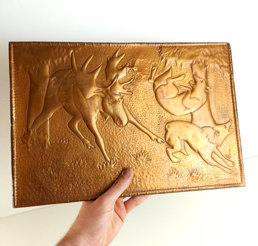 Vintage Hand-tooled Copper Plaque Art Moose Wolves Hunting Decor Mid C ...