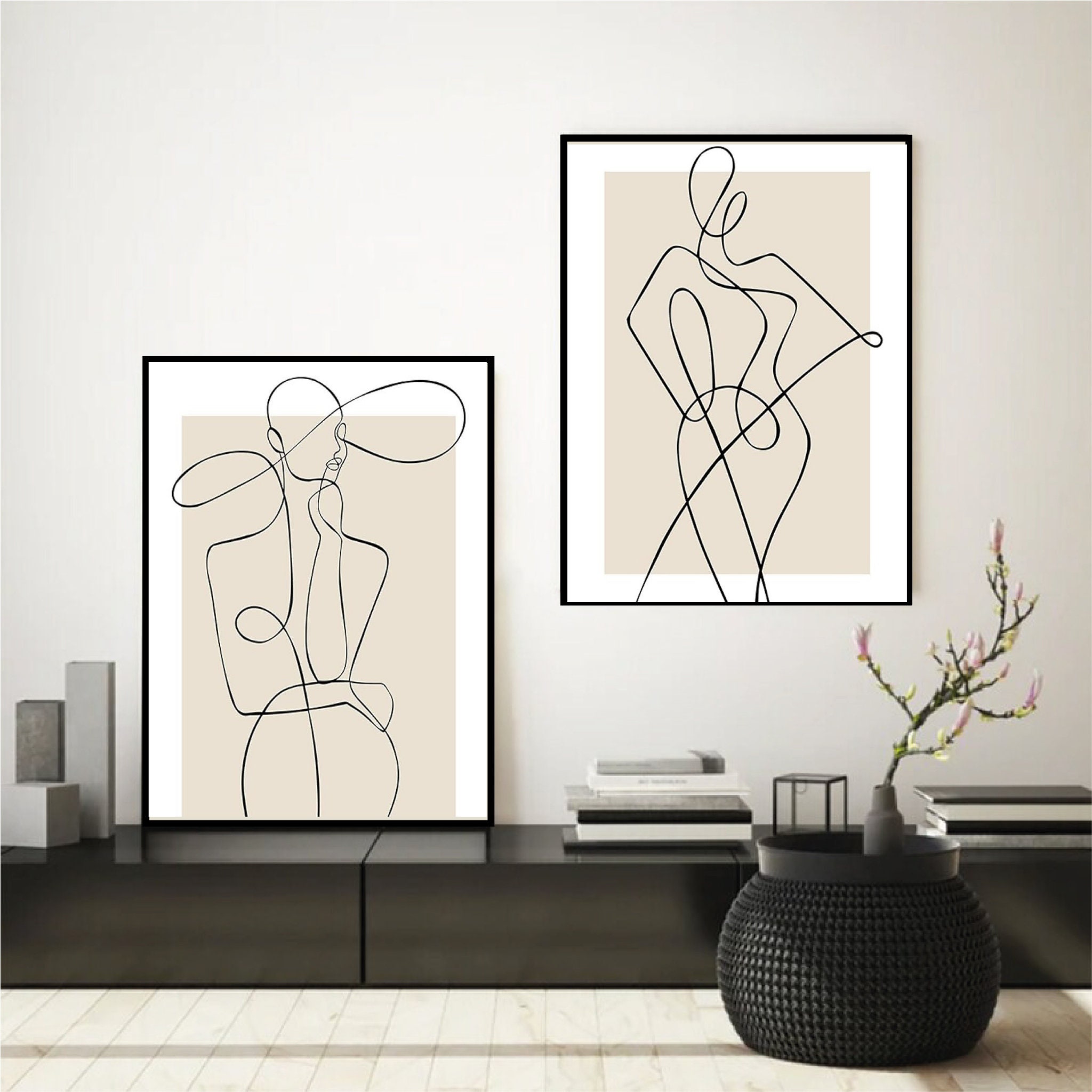 Abstract Female Body Line Beige Wall Art, Boho Minimalist Print Files ...