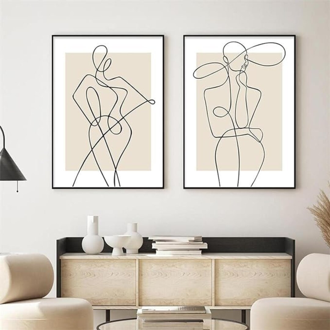 Abstract Female Body Line Beige Wall Art, Boho Minimalist Print Files ...