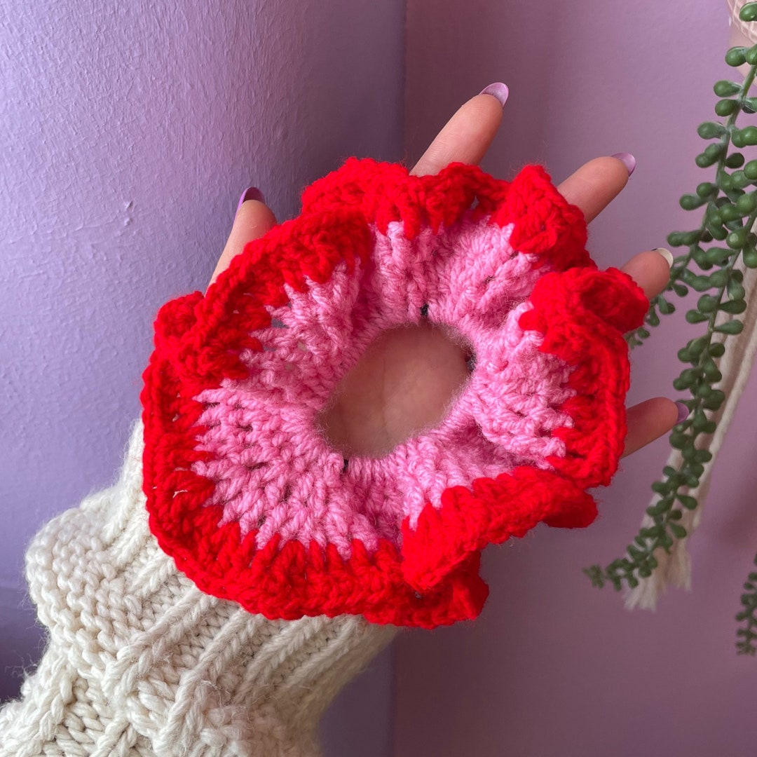 Handmade Pink and Red XL Chunky Scrunchie - Colourful Crochet Scrunchies, Crocheted Large Hair ...