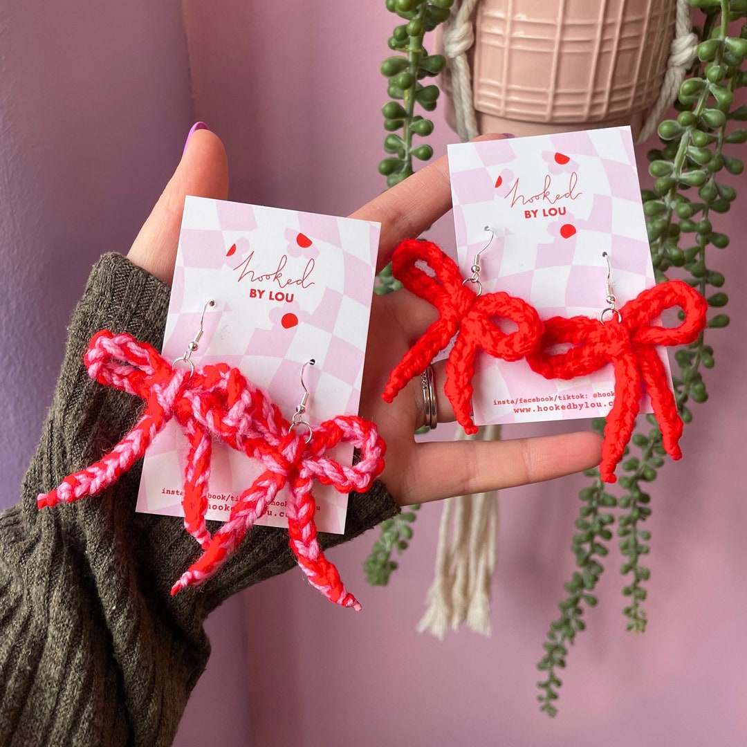 Crochet Bow Earrings: Chunky Y2K Ribbon Bows, Handmade - Etsy