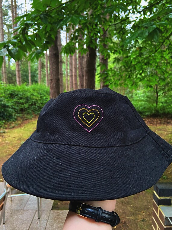 Heart Trio Hand Embroidered Bucket Hat Etsy