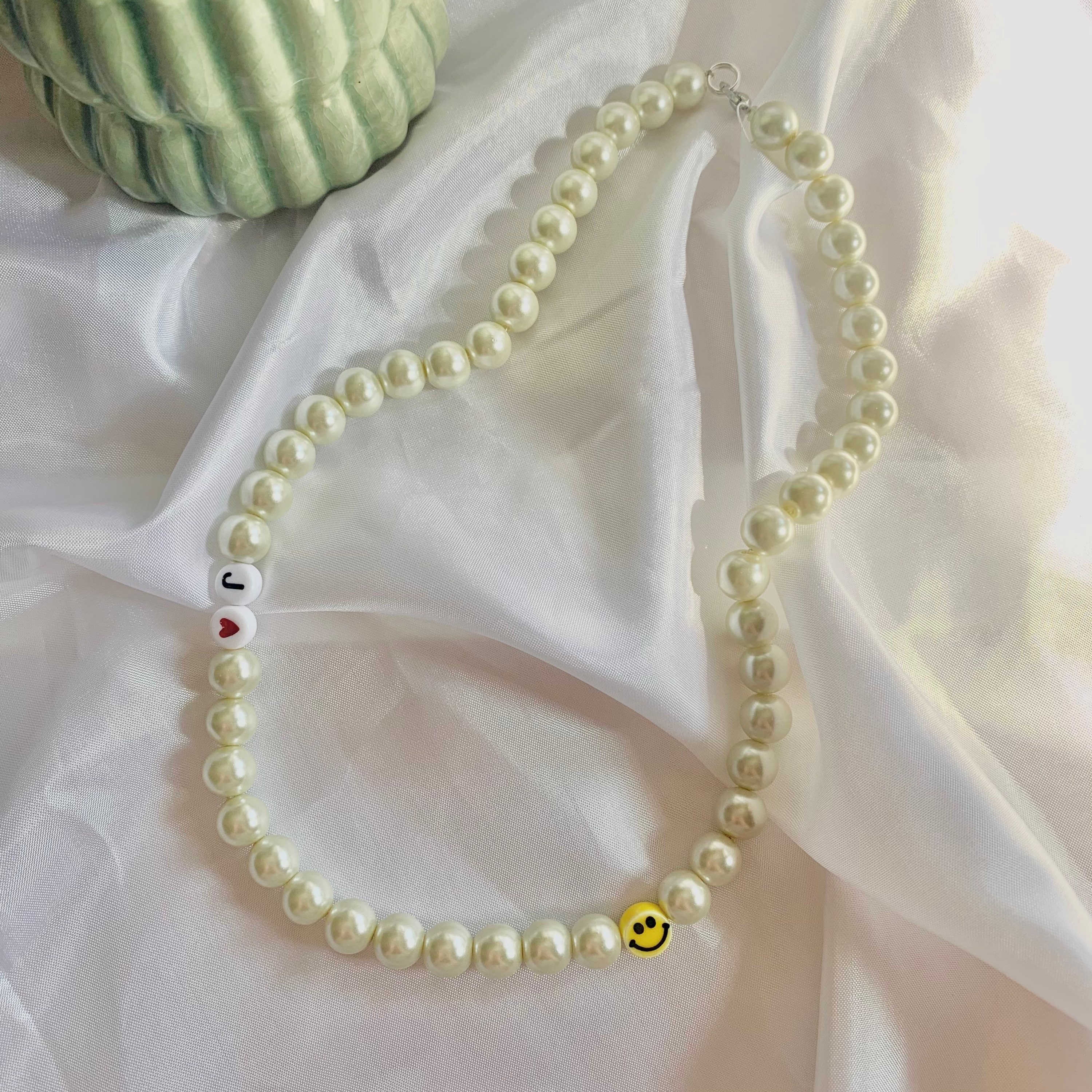 Personalized smiley face pearl necklace | Etsy
