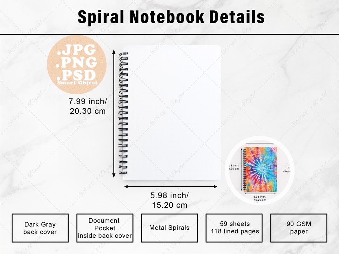 Spiral Notebook Size Chart Mockup, Actual Size 7.99 X 5.98, 8x6 Inch ...