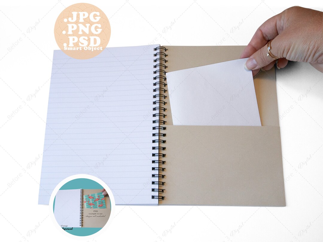 Spiral Notebook Mockup With Document Pocket Inside White Background 8x6 ...