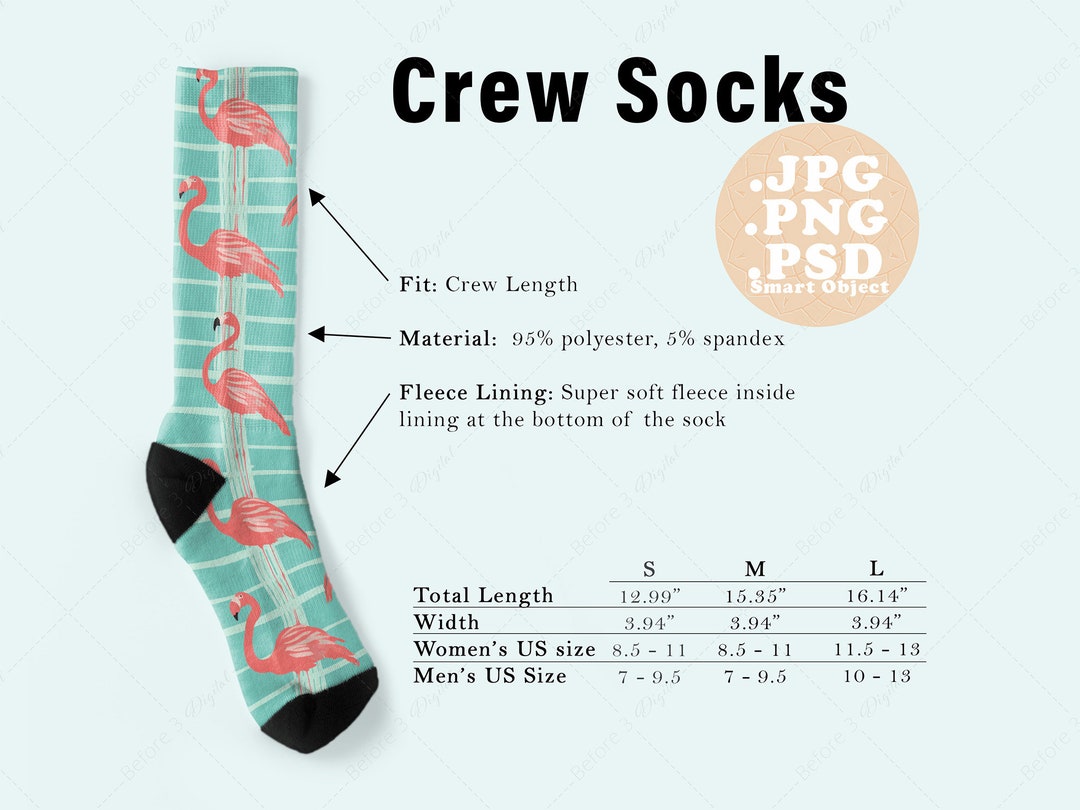 AOP Crew Socks Size Chart Mockup, Black Heal and Toe for POD Online ...