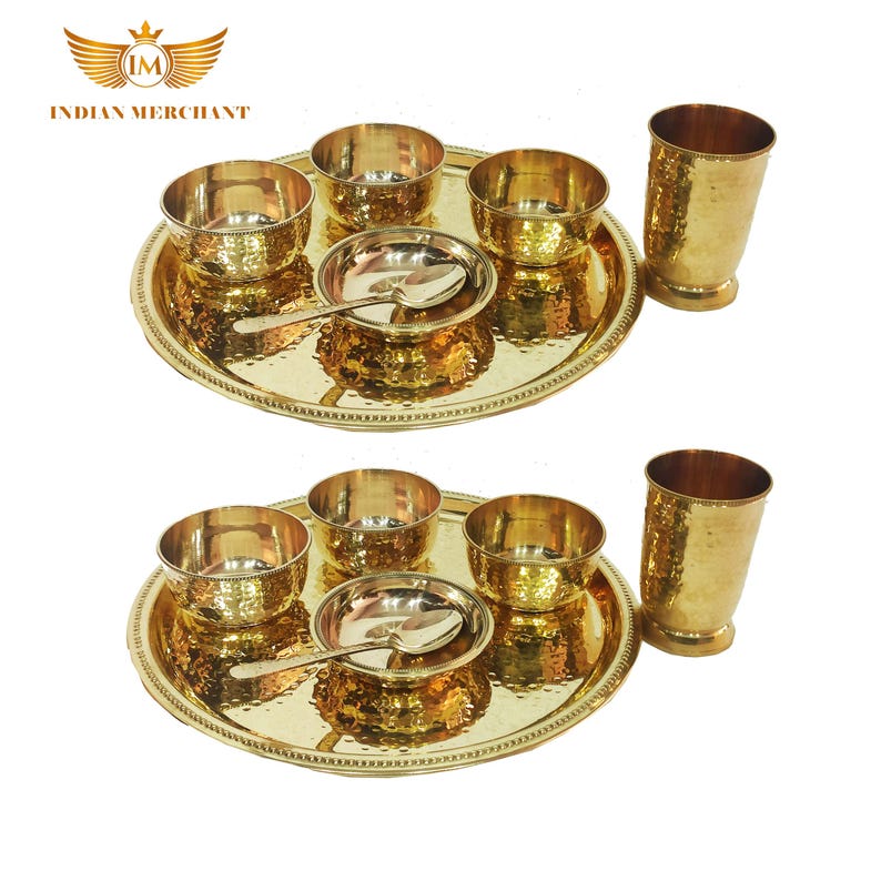 Indian Brass Hand Hammered Dinner Set, Elegant Thali Serving Set for ...
