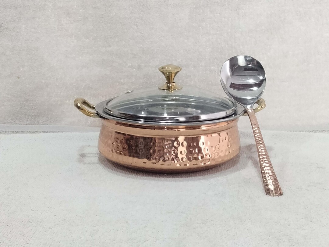 Indian Copper Casserole Donga Bowl With Glass Lid, Handcrafted ...