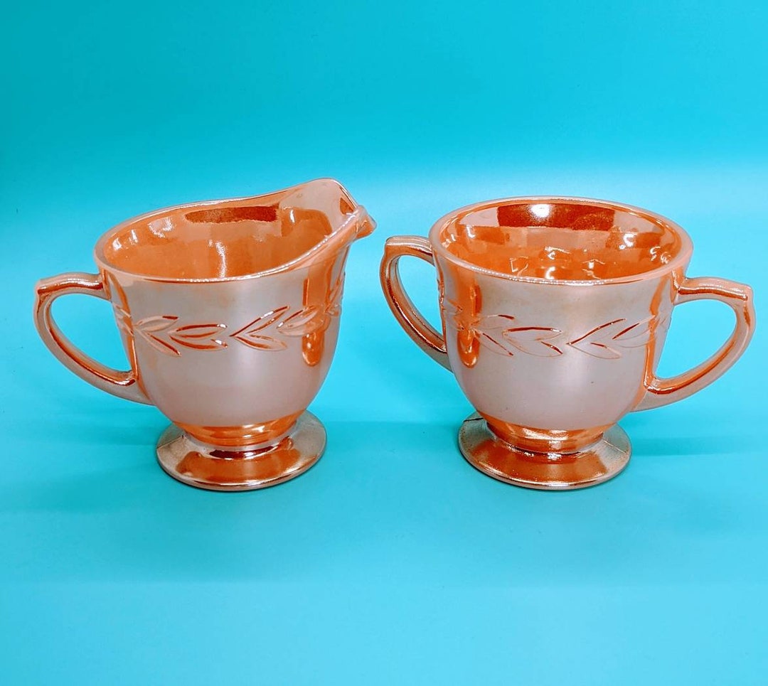 Vintage Fire King Lusterware crema y azucarero Laurel Leaf patrón Peach ...