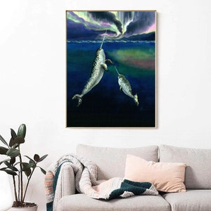 ORIGINAL Watercolor Narwhal Whale Painting Narwhal Art Beach Decor Arctic Whale Ocean Animals ...
