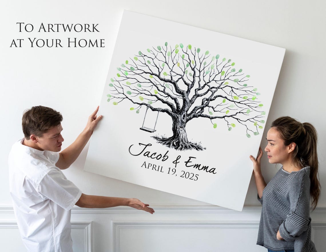 Wedding Guest Book Low Oak Fingerprint Tree With Heart Fingerprint ...