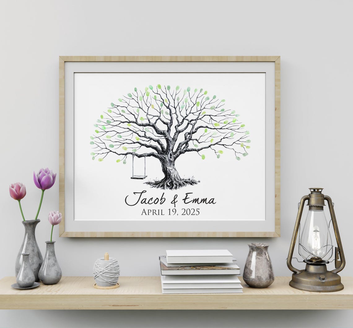Wedding Guest Book Low Oak Fingerprint Tree With Heart Fingerprint ...