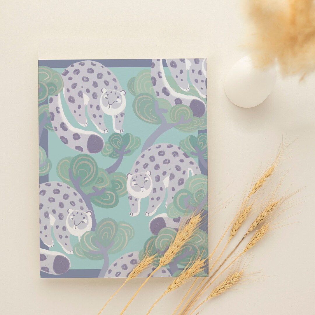 Snow Leopard, Pine Tree Greeting Card/ Snow Leopard Illustration Card ...