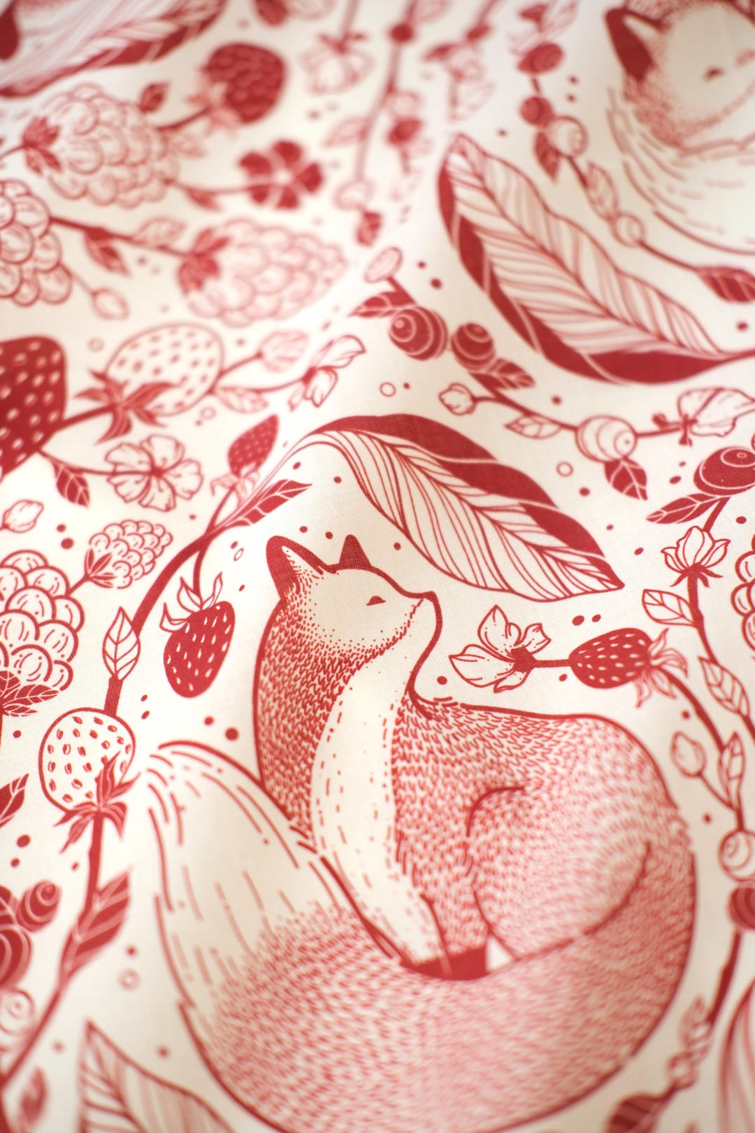Red Fox & Berry Bandana Scarf (off-white) 22"x22", Soft Cotton, Berry ...