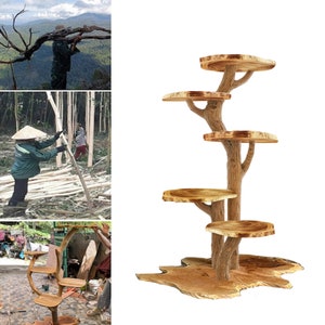 Natural Wood Cat Tree Tower Large Branch Scratching Post Cat Furniture ...