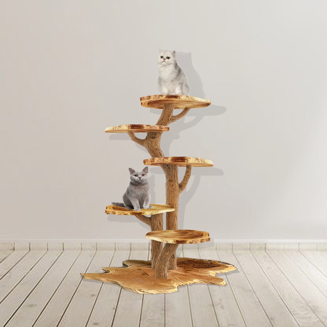 Natural Wood Cat Tree Tower Large Branch Scratching Post Cat Furniture ...
