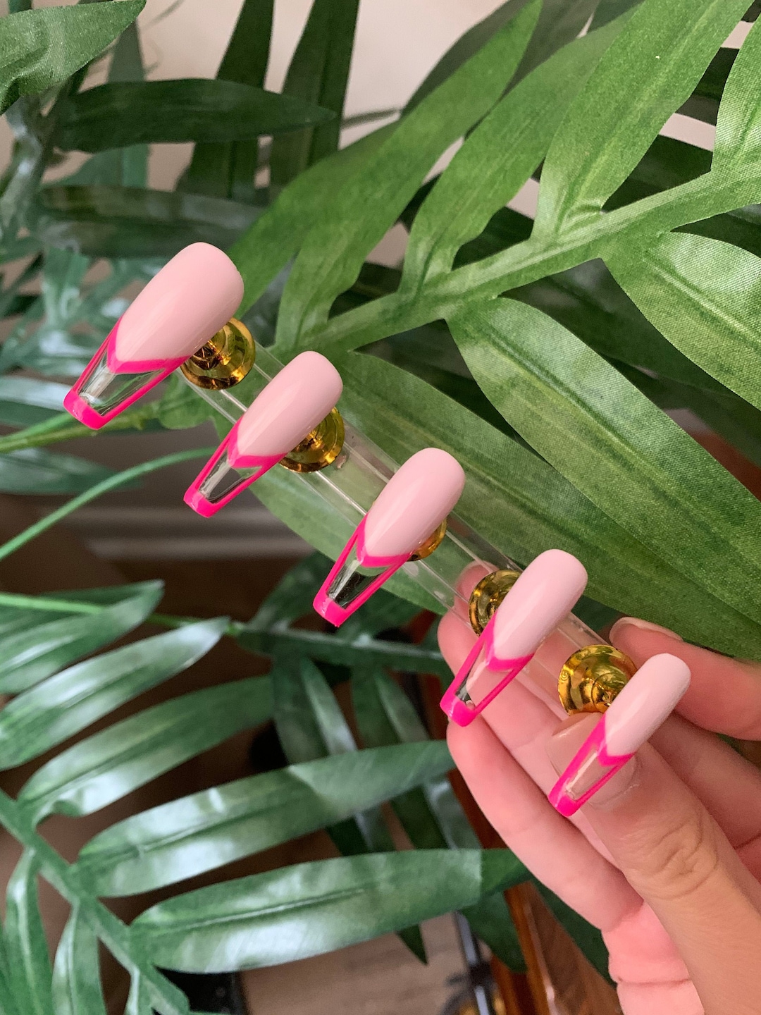 Baby Pink French | Neon Pink Space Tip Press on Nails | Long Coffin - Etsy