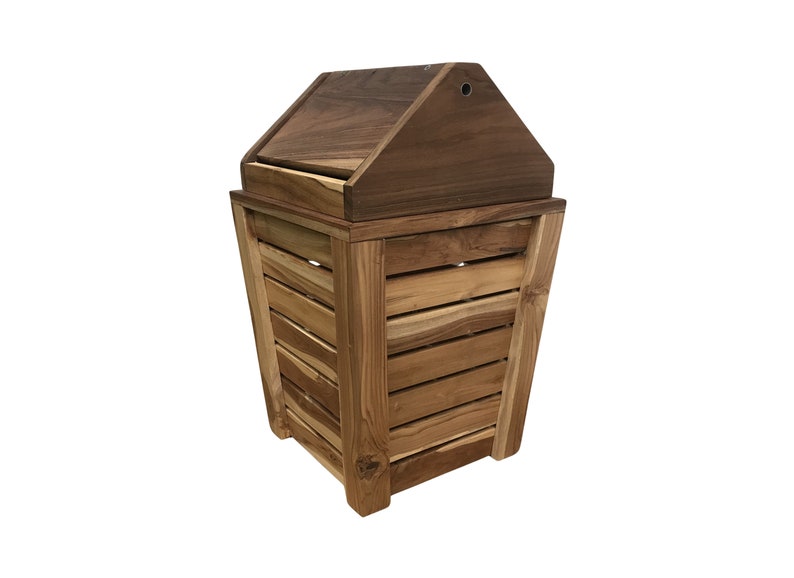 Teak Wood Trash Can With Swing-top Lid, Kitchen Trash Can, Eco-friendly ...