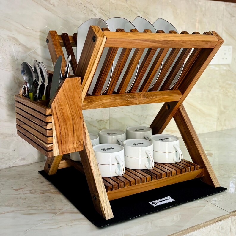 Handmade Teak Dish Drying Rack Small Wood Plate Rack Multifunctional ...