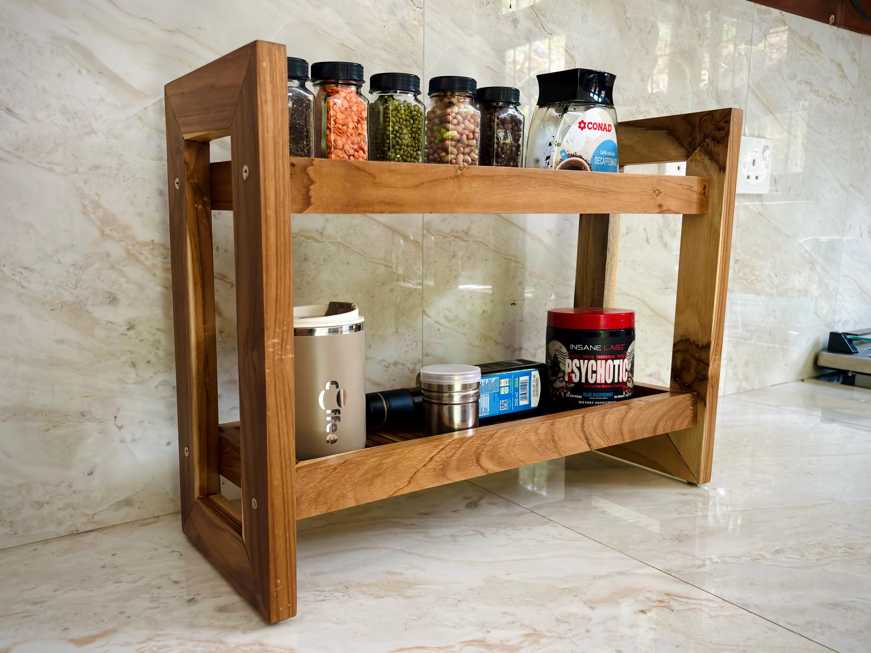 Handmade Teak Wood Two-tier Spice Rack - Unique Kitchen Storage ...