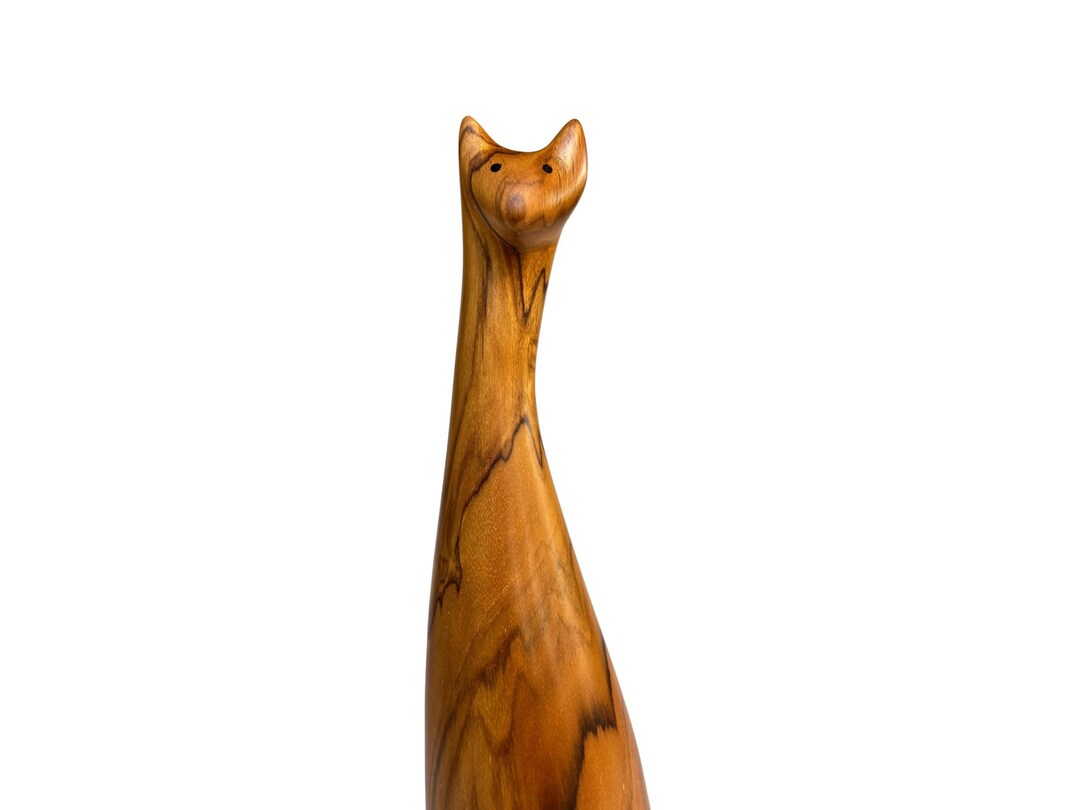 Hand-carved Teak Wood Cat Sculpture – Large Wooden Cat Figurine ...