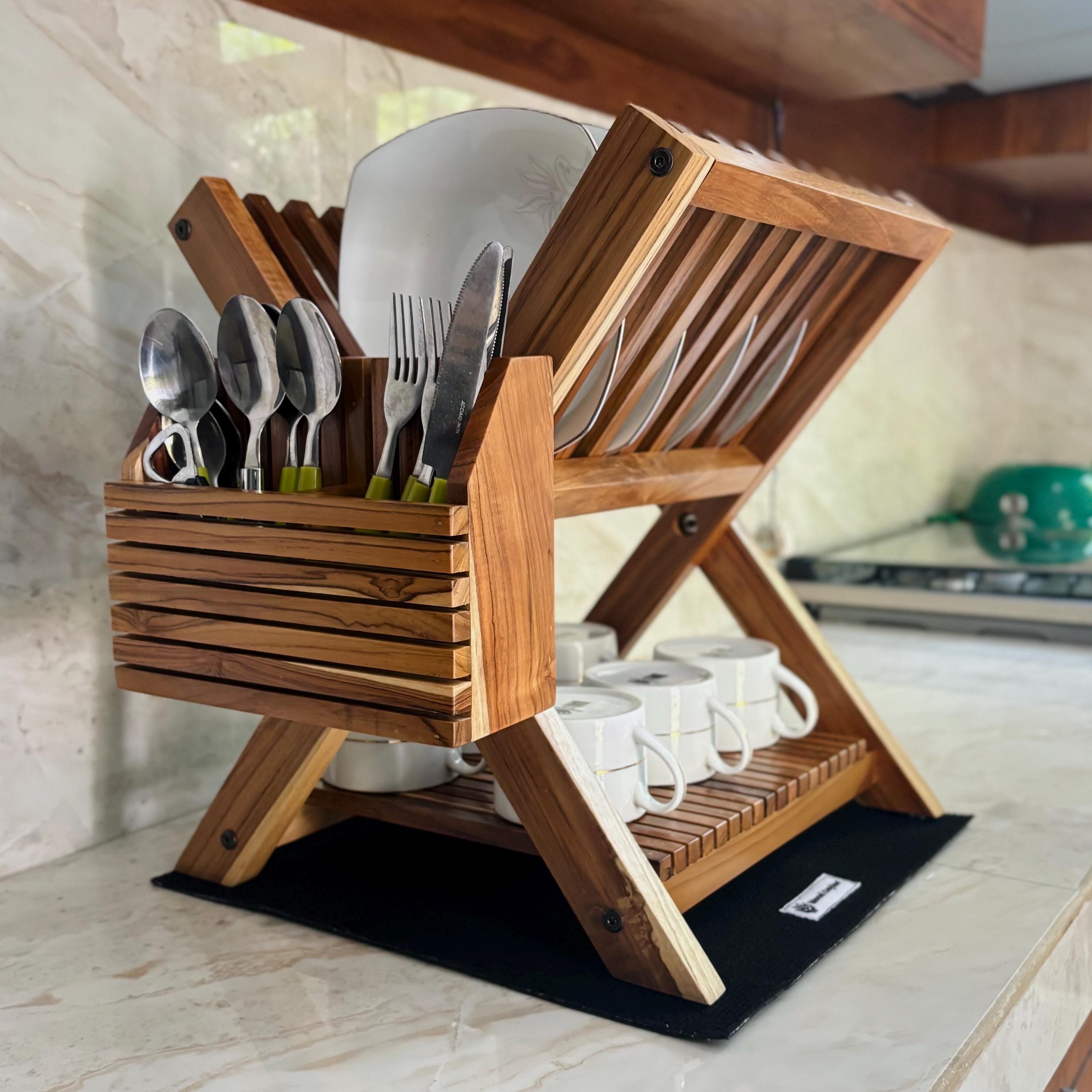 Handmade Teak Dish Drying Rack Small Wood Plate Rack Multifunctional ...