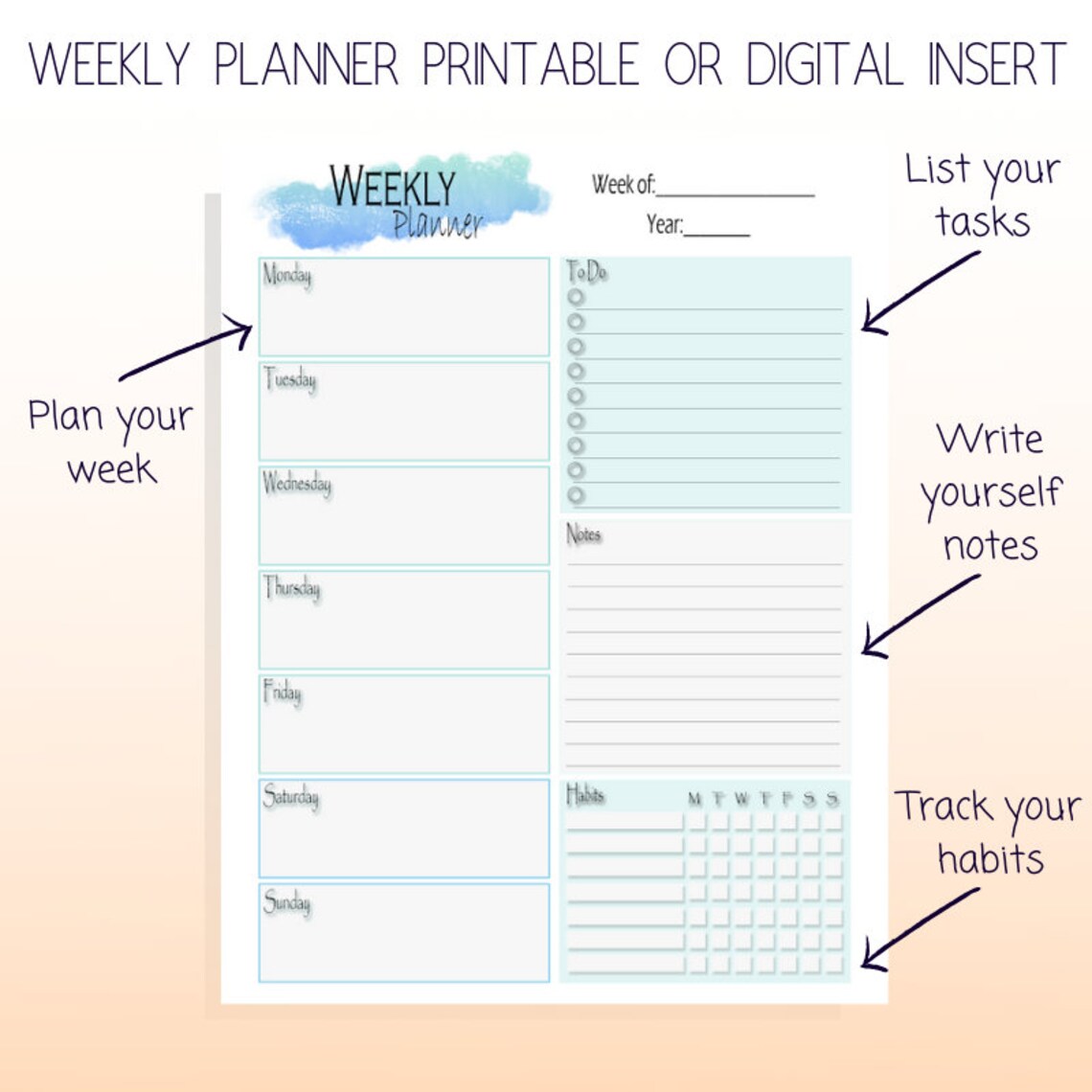 Weekly Planner Printable| Monday Start | 5 Colors | Dark Mode Digital ...