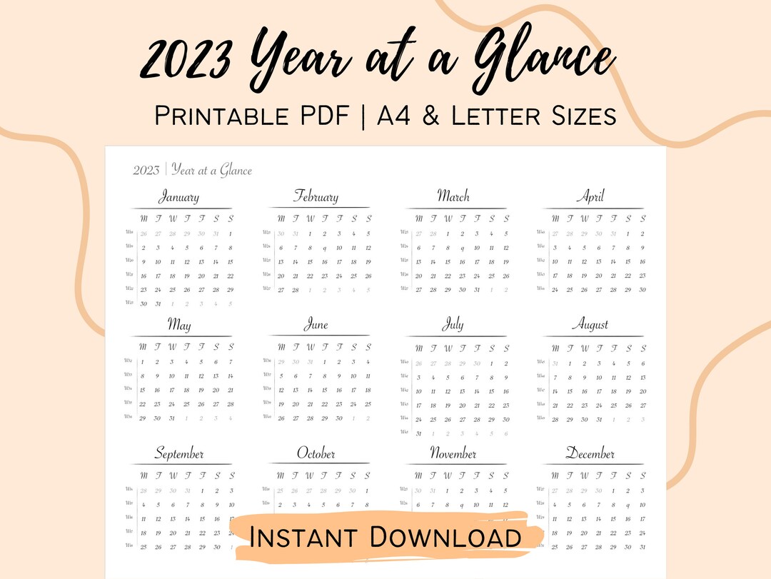 2023 Yearly Calendar Printable | Landscape Year at a Glance | Monday ...