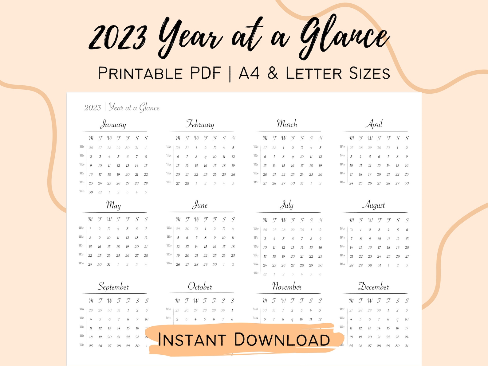 2023 Yearly Calendar Printable | Landscape Year at a Glance | Monday ...