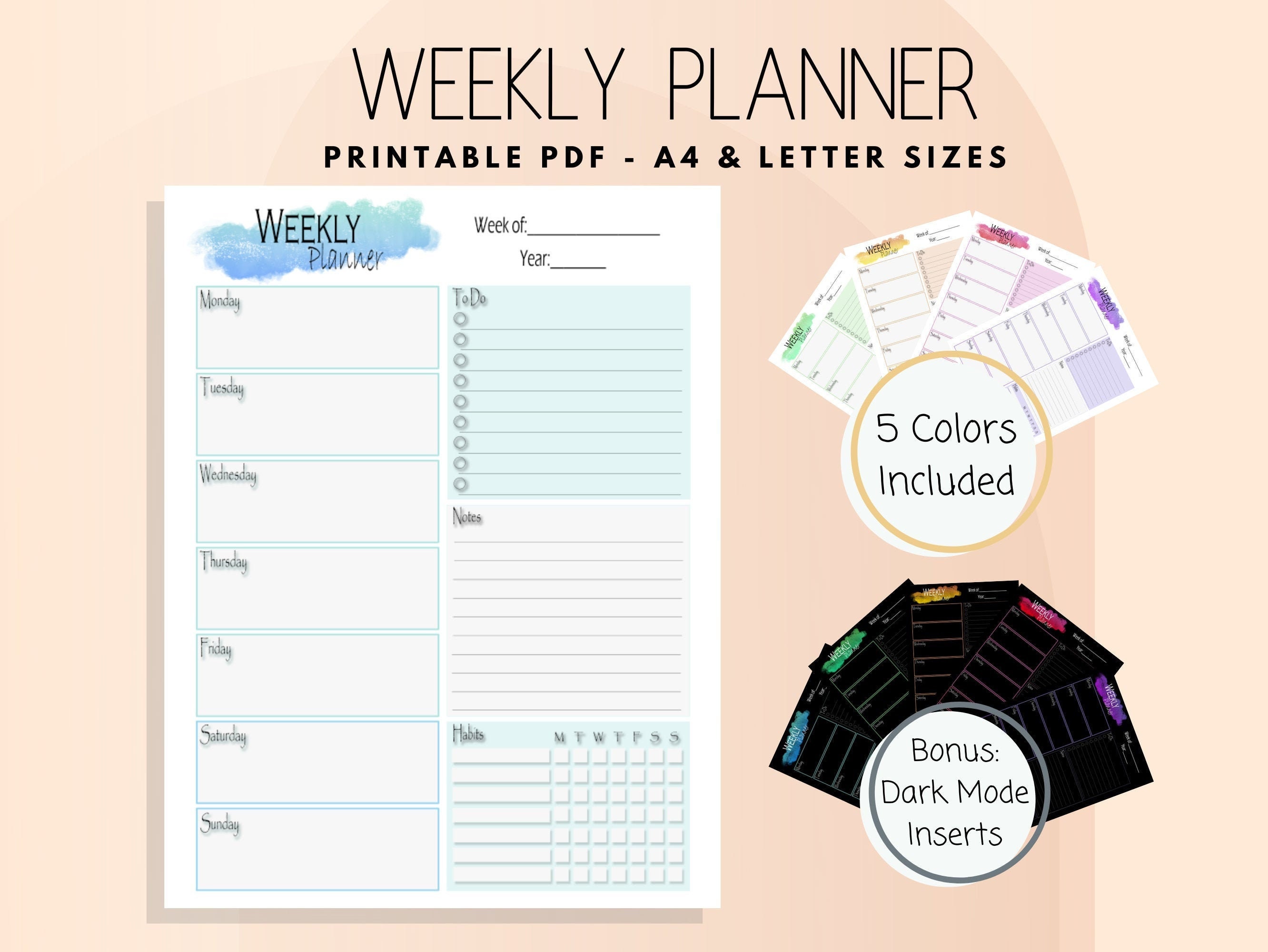 Weekly Planner Printable| Monday Start | 5 Colors | Dark Mode Digital ...
