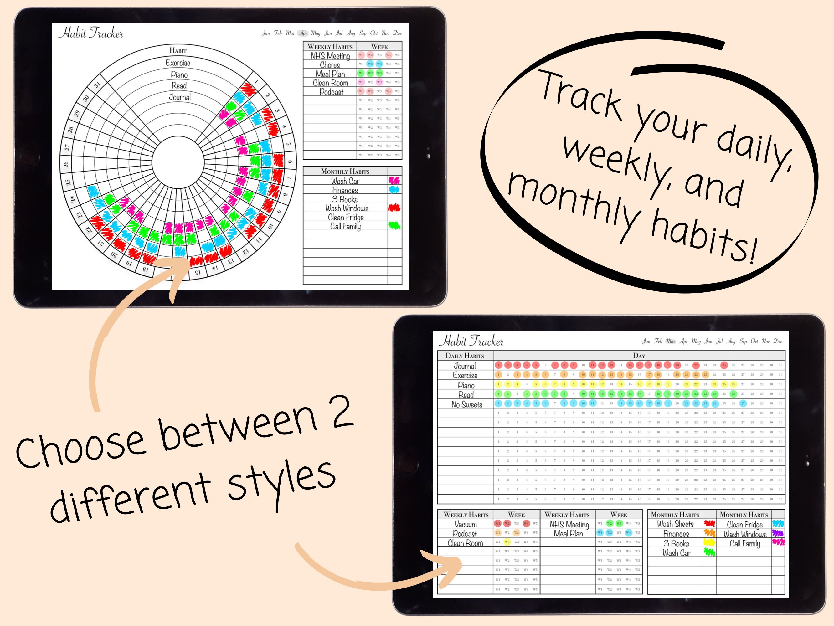 Habit Tracker Digital Planning Inserts | Two(2) Styles - Circular ...