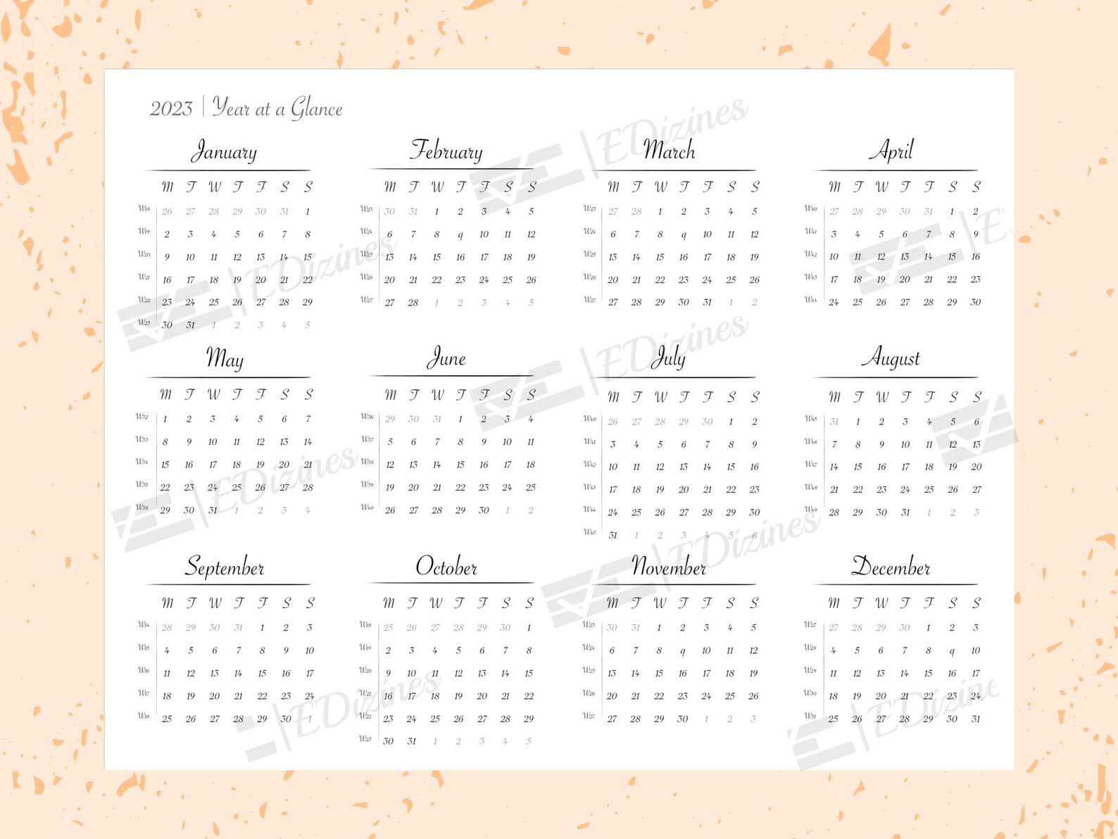 2023 Yearly Calendar Printable | Landscape Year at a Glance | Monday ...