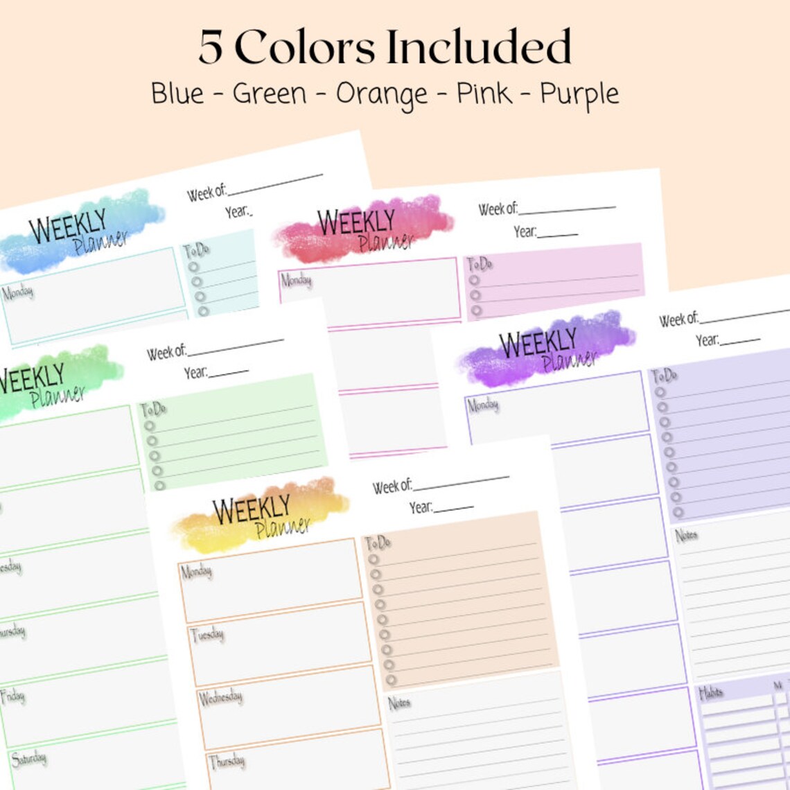 Weekly Planner Printable| Monday Start | 5 Colors | Dark Mode Digital ...