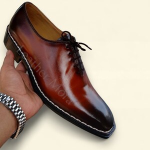 Handmade Patina Leather Oxford Shoes – Burnished Red to Black Gradient ...