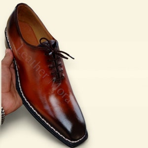 Handmade Patina Leather Oxford Shoes – Burnished Red to Black Gradient ...