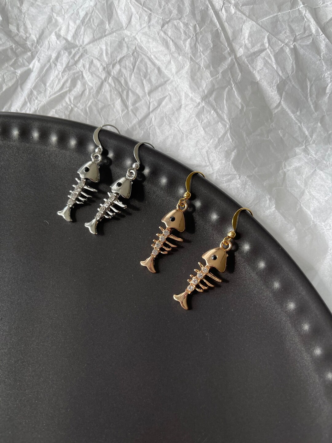 18k Gold or Silver Fish Skeleton Earrings Bone Cute Funky Quirky Simple ...