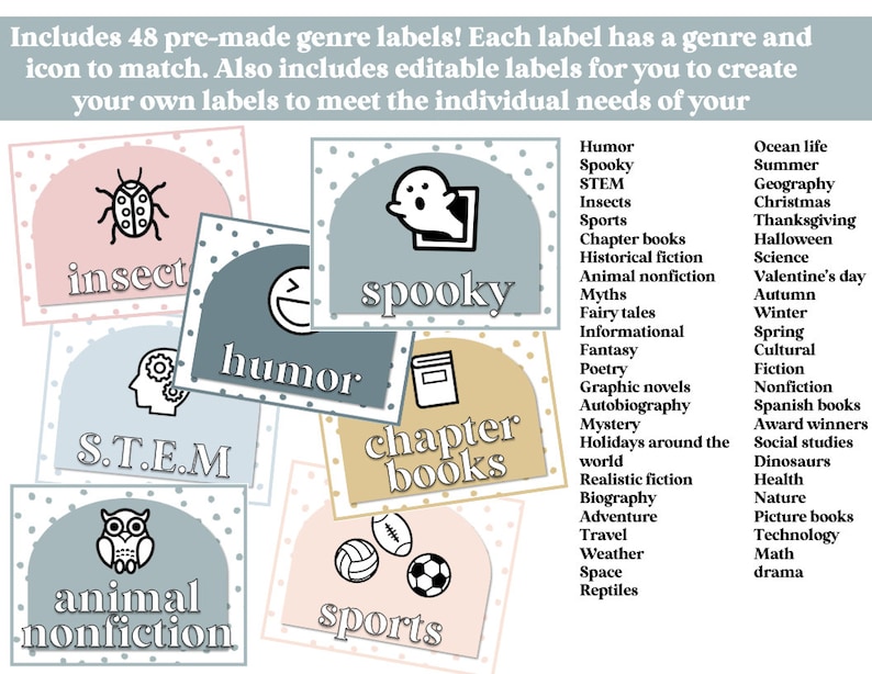 Editable Genre Labels | Classroom Library | Soft Boho - Etsy